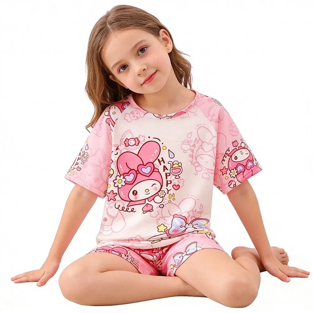 MINISO Летний пижамный комплект для девочек от 3 до 12 лет, пижама Hello Kitty Kuromi (топ и шорты), одежда для маленьких девочек, Детский размер: от 5 лет до 10 размера.