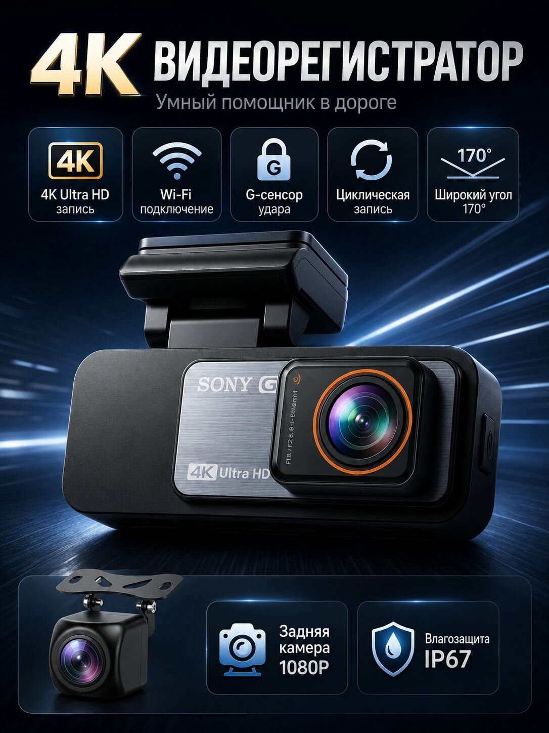 Видеорегистратор автомобильные 4K Ultra HD с wifi F70