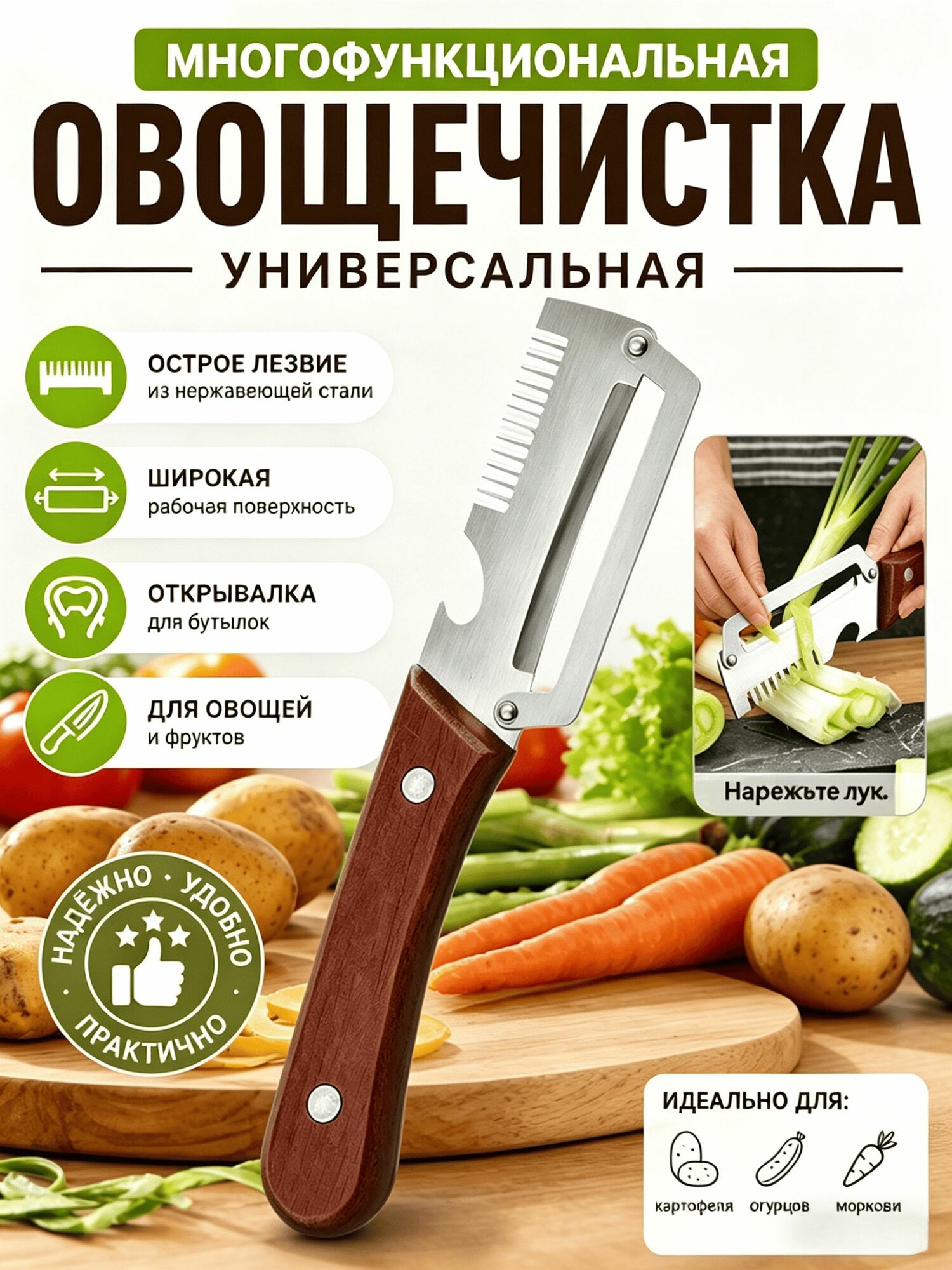 Овощечистка 3 в 1 из нерж. стали и дерева,1 шт.