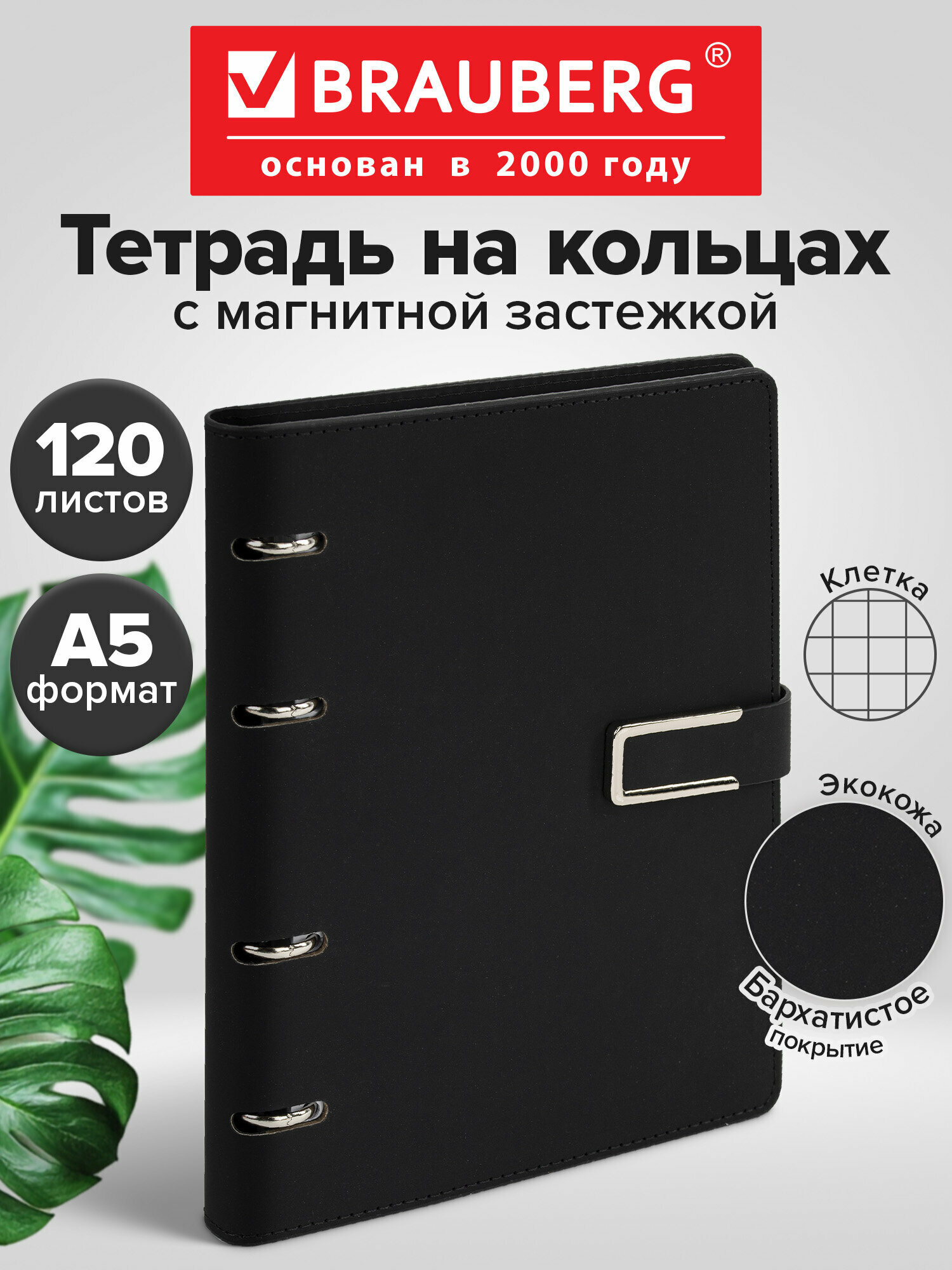 Тетрадь на кольцах А5 в клетку со сменным блоком 180х220 мм 120 листов, soft-touch, магнитная застежка, Brauberg, 405246