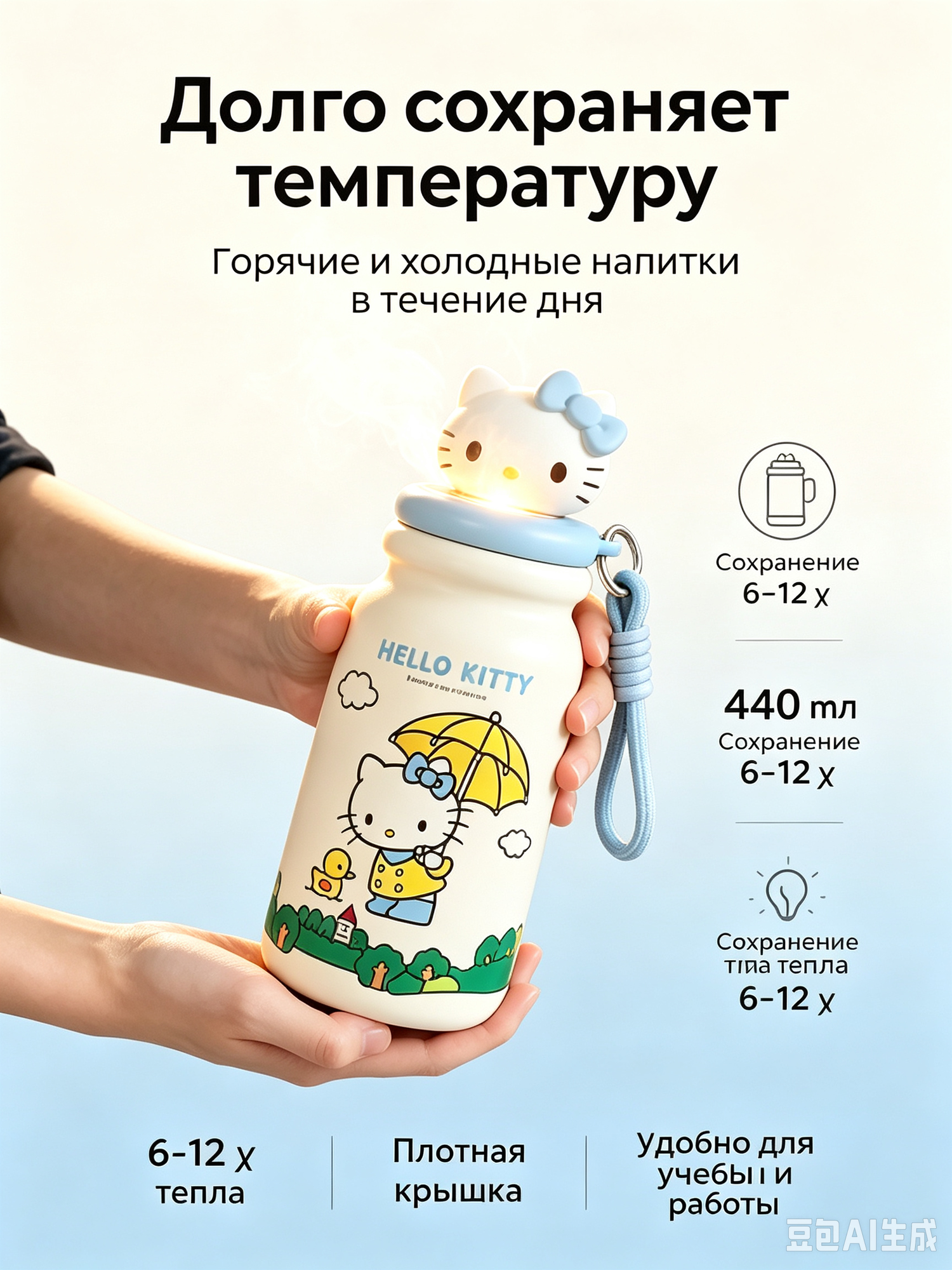 Термос Hello Kitty 440 мл с соломинкой и ситечком для школьниц – ремешок, сохранение тепла 6–12 ч