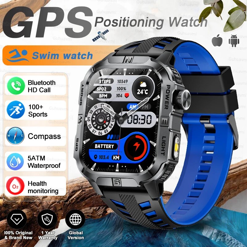 Водонепроницаемые умные часы GPS с пульсометром 5ATM для спорта Blue Camouflage