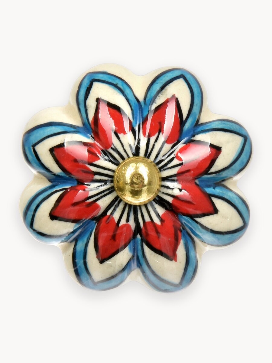 BLUMEN HAUS Ручка керамическая для мебели "Лотос", ручная роспись, цвет белый, рисунок цветной