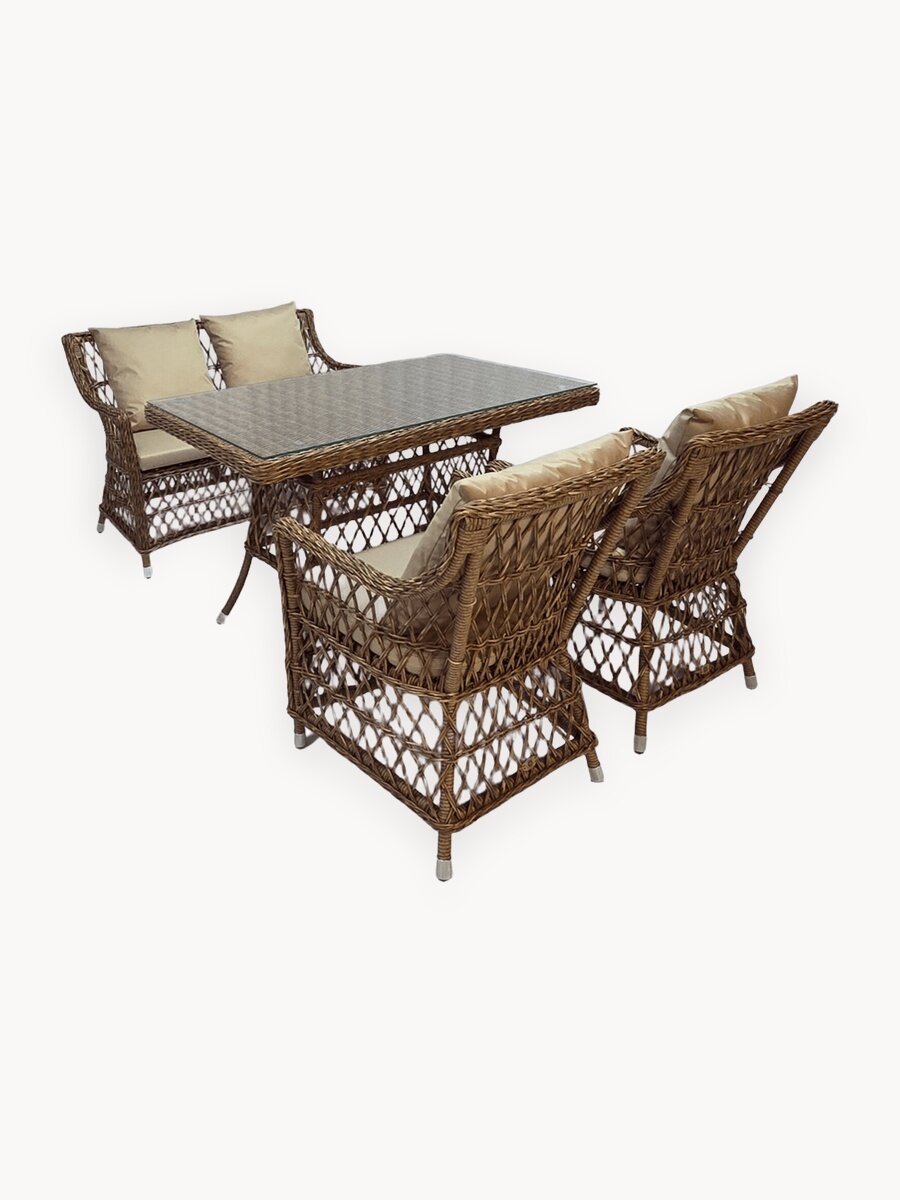 Комплект плетеной мебели из искусственного ротанга "Лайм" с подушками для сада и дачи Стол+Лавка+2 кресла (цвет Капучино)