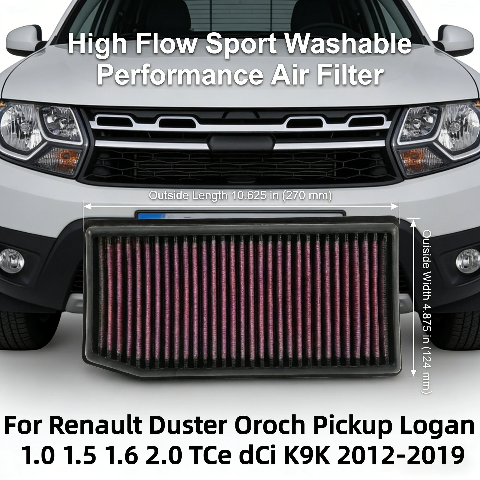 Для Renault Duster Oroch Pickup Logan 1.0 1.5 1.6 2.0 TCe dCi K9K 2012-2019: Высокопроизводительный спортивный моющийся воздушный фильтр с увеличенным потоком