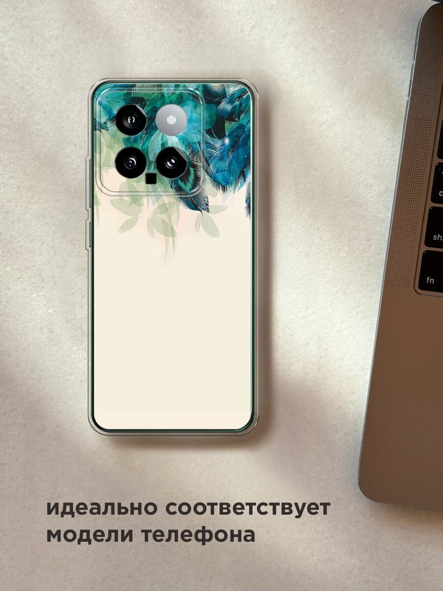 Чехол на Xiaomi 14 / Сяоми 14 с принтом Перья голубого цвета — фото 1