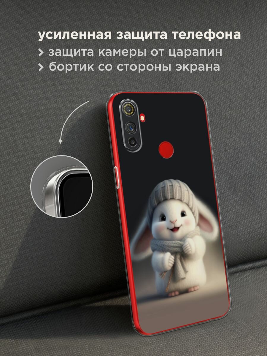 Чехол на Realme C3 / Реалми C3 с принтом "Белый крольчонок в шапке" — фото 1