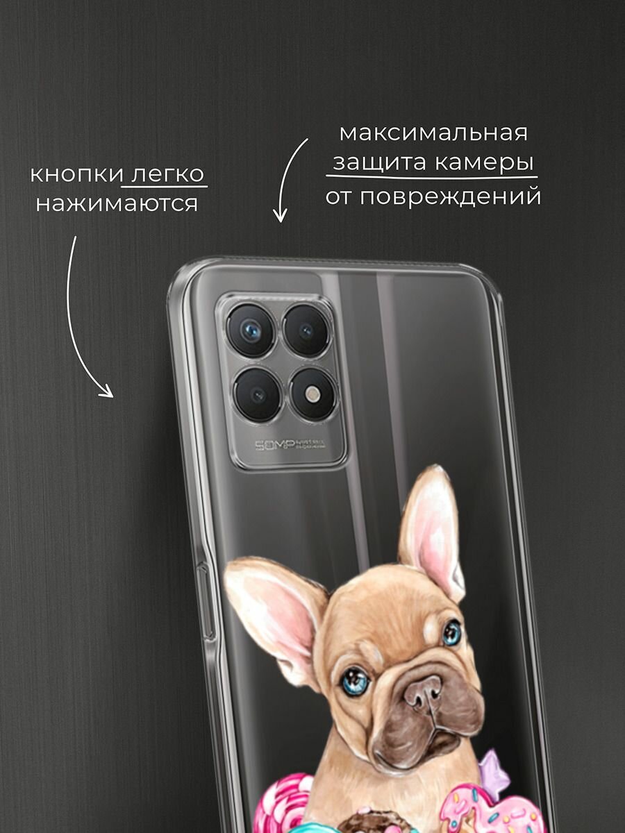 Чехол на Realme 8i / Реалми 8i с принтом "Бульдог и сладости", прозрачный — фото 1