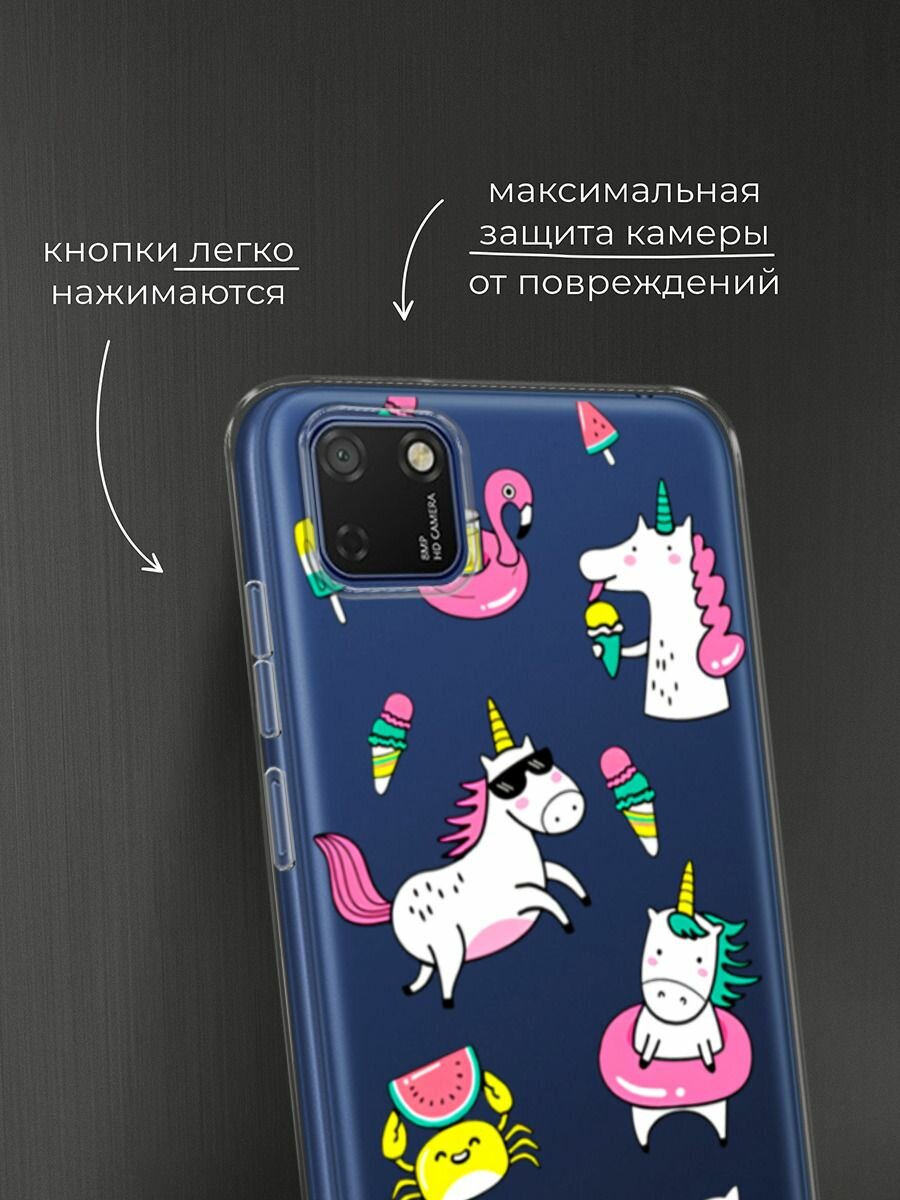 Чехол на Honor 9S/Huawei Y5p / Хонор 9S/Хуавей Y5p с принтом "Единороги в отпуске", прозрачный — фото 1