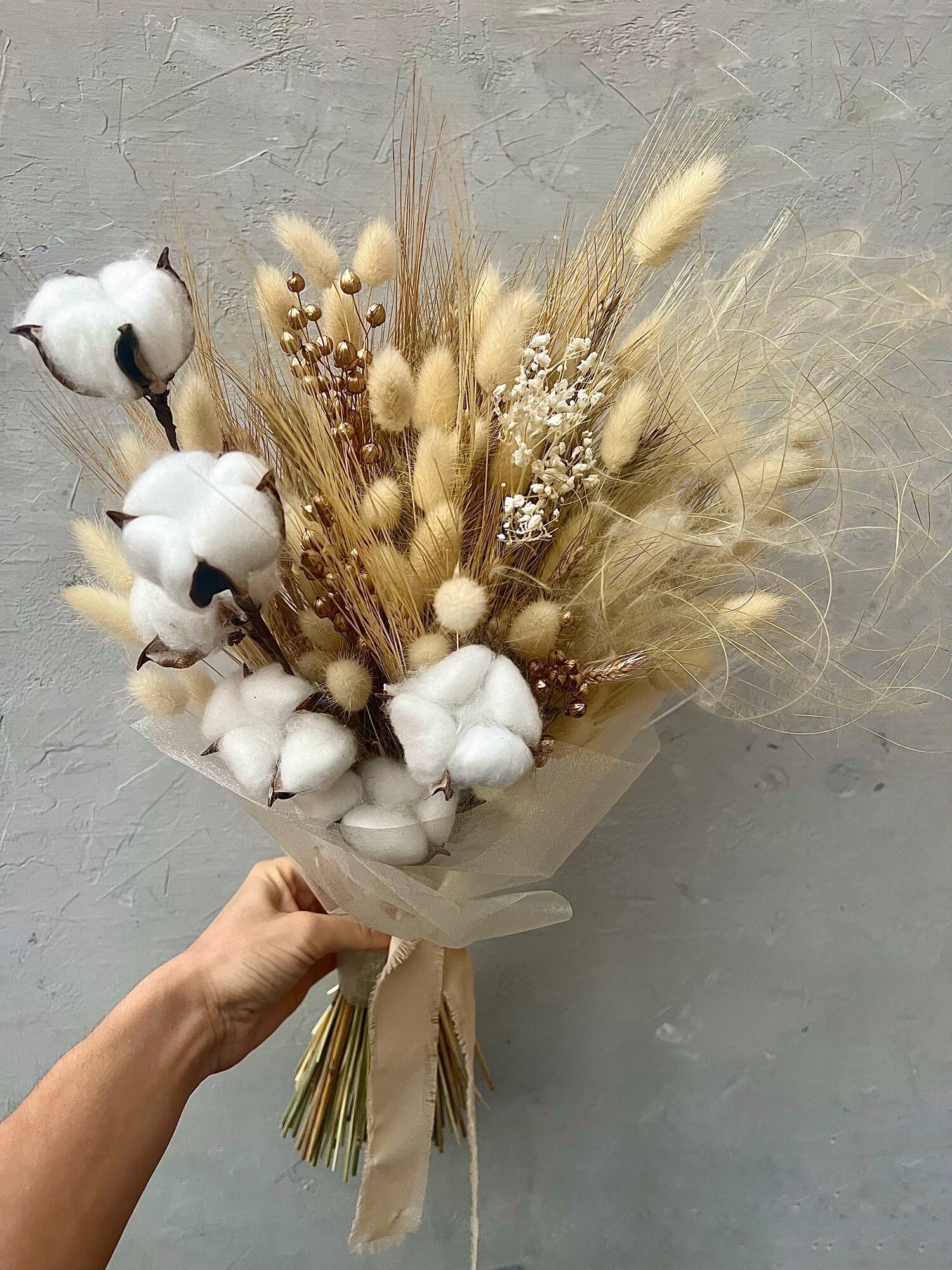 Букет сухоцветов "Белоснежный хлопок", 45 см, готовый, идеально для интерьера
