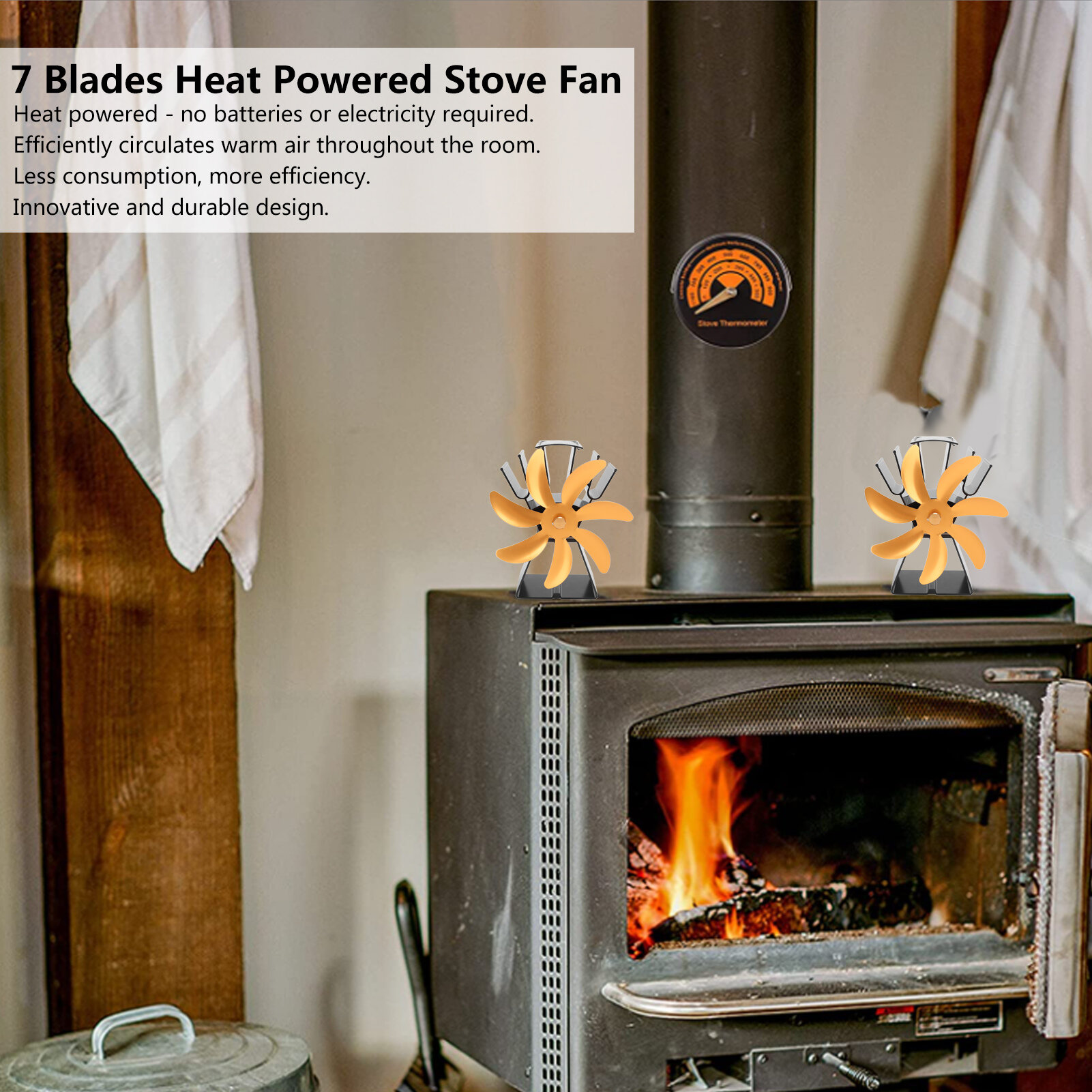 Вентилятор для печи с 7 лопастями, бесшумная работа, вентилятор для камина, вентилятор из алюминиевого сплава, вентилятор для дровяной печи, вертикальное трапециевидное основание, золото