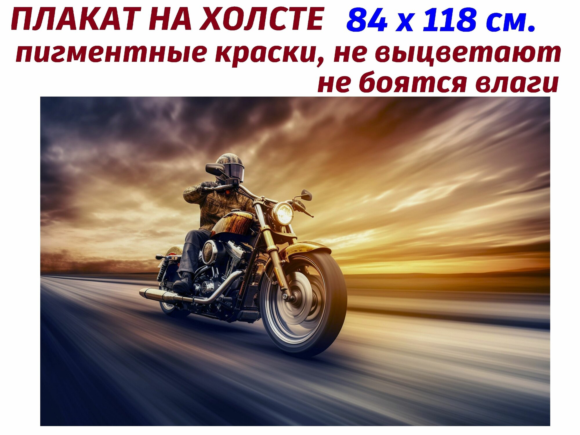 Мотоцикл в движении на фоне заката. 84*118 см. Плакат на холсте А0_043.