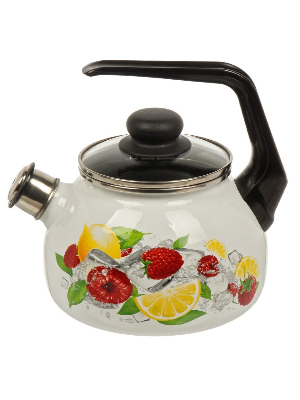 Чайник сталь, эмалированное покрытие, 2 л, со свистком, ручка консольная, СтальЭмаль, Лимон, индукция, белый, 4с210я
