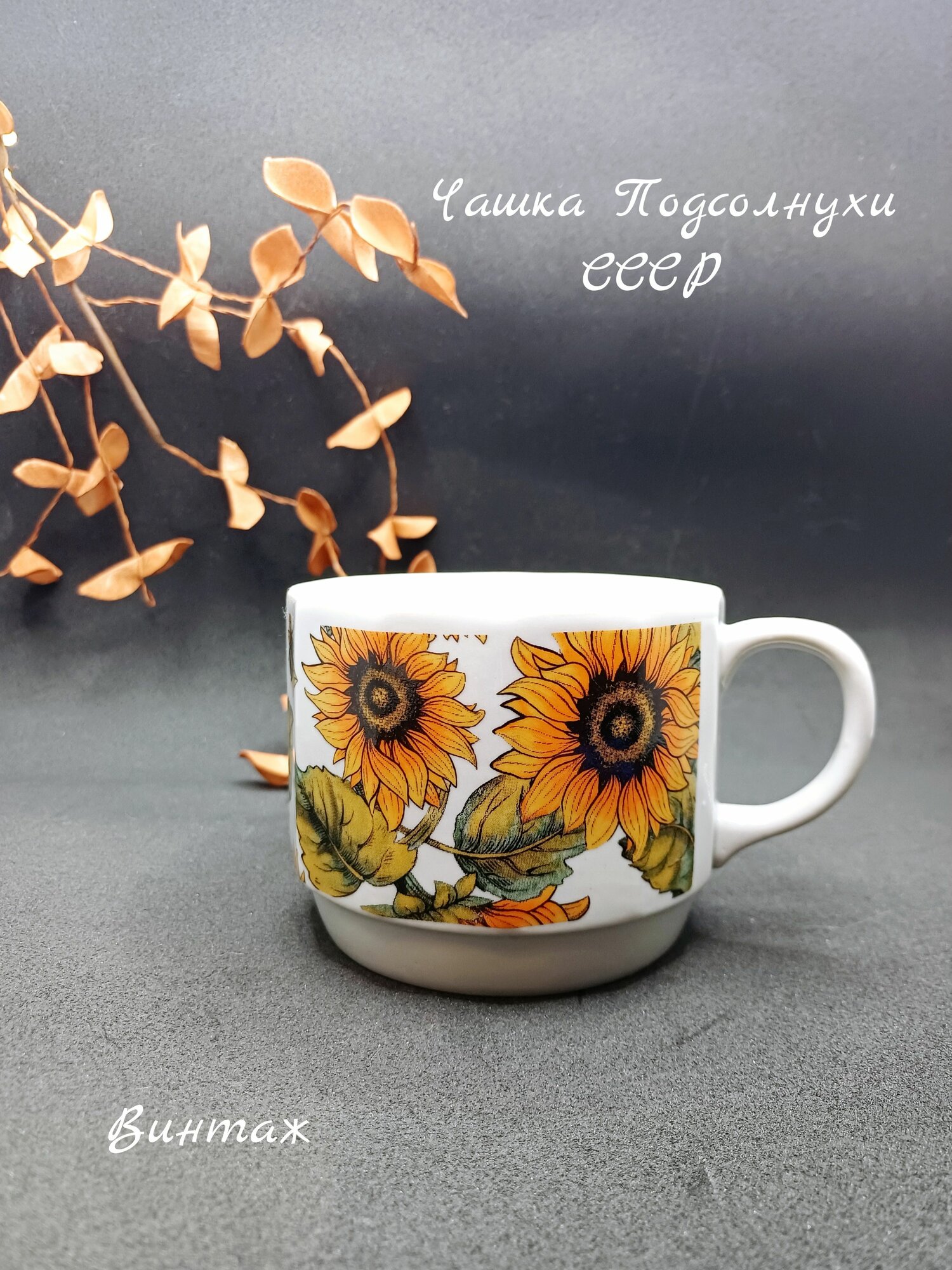 Чашка чайная - кофейная с рисунком Подсолнухи винтажная, фарфор, деколь, Полонский фарфоровый завод СССР