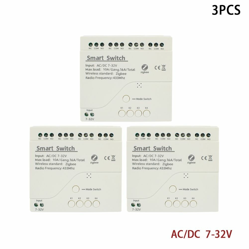 3 шт Умное реле Zigbee + RF на AC DC 7-32V, 10А на четыре канала