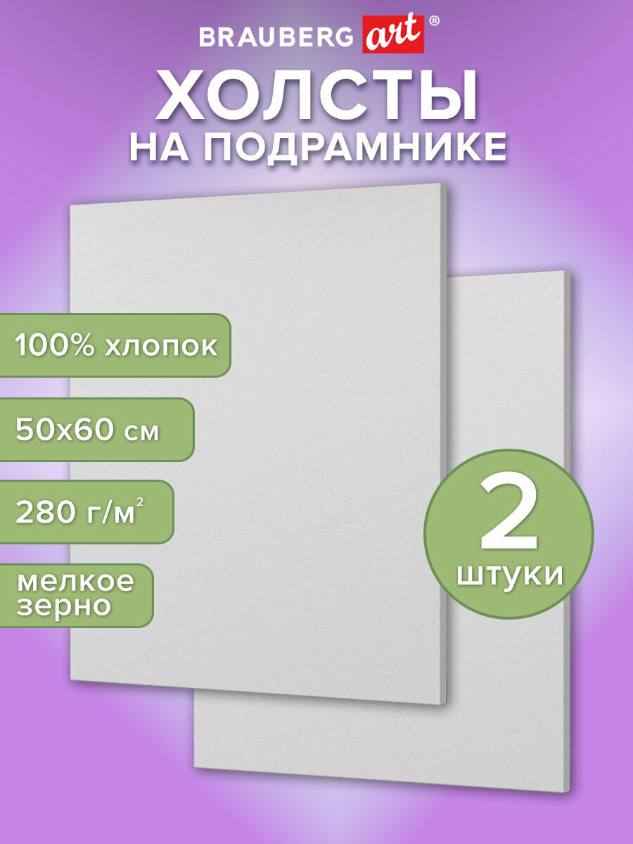 Холст для рисования на подрамнике 50х60см грунтованный набор 2 шт, 280 г/м2, 100% хлопок, мелкое зерно, Brauberg, 192674