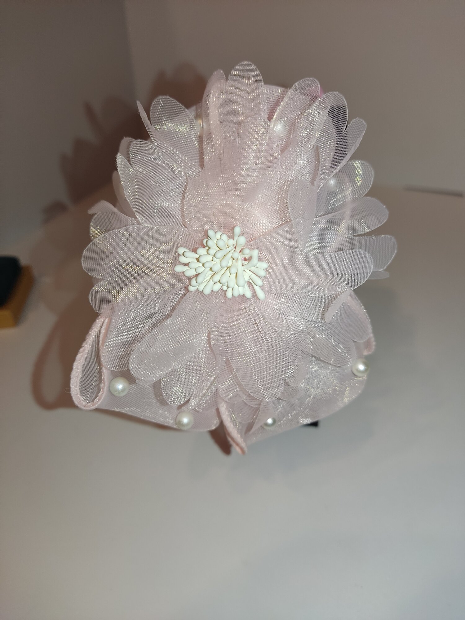 Ободок для волос, ручная работа, пластик, органза, бусины, розовый