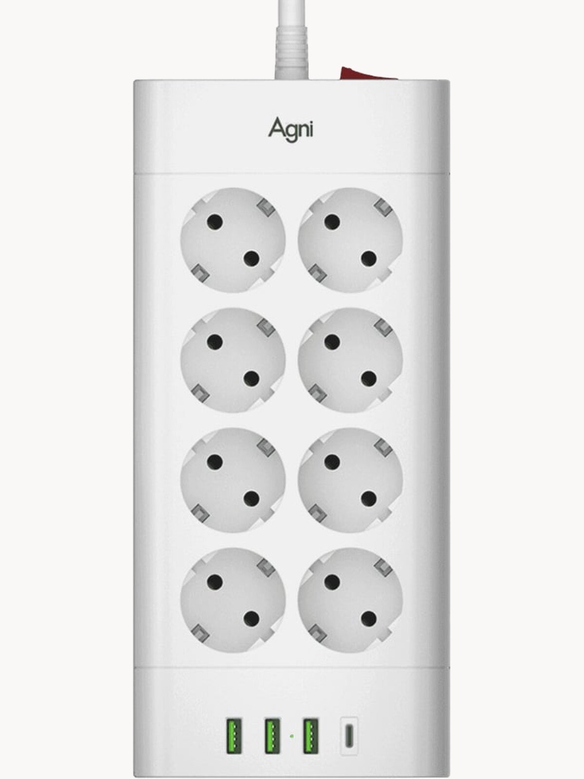 Сетевой фильтр с предохранителем, AGNI, 8 розеток / 3 USB / 1 TYPE-C, удлинитель 5 м, защитные шторки, негорючий пластик