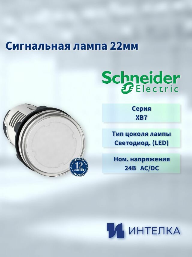 Лампа сигнальная Schneider Electric, 22мм, 24В, AC/DC, Прозрачный XB7EV07BP