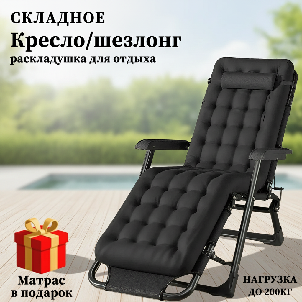 Кресло-шезлонг складное 178х60х25 см для отдыха дома и на пляже, портативное лежак кровать
