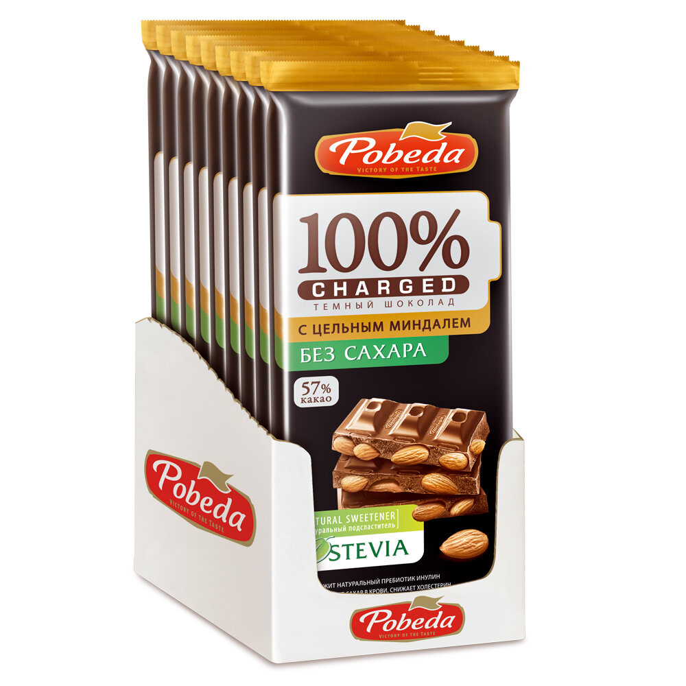 Шоколад Победа вкуса темный без добавления сахара с цельным миндалем "Чаржед", 90 г/12 шт