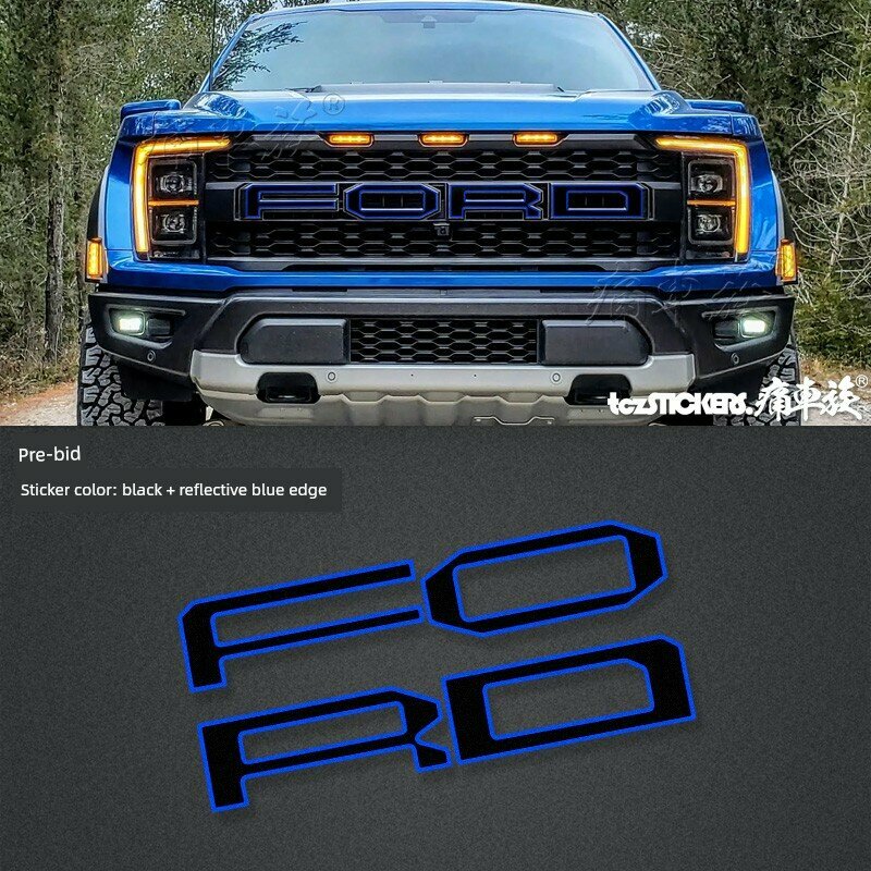 Наклейка для радиаторной решетки F-150 3-го поколения: черный текст с синей отражающей кромкой, наклейка для пикапа Ford