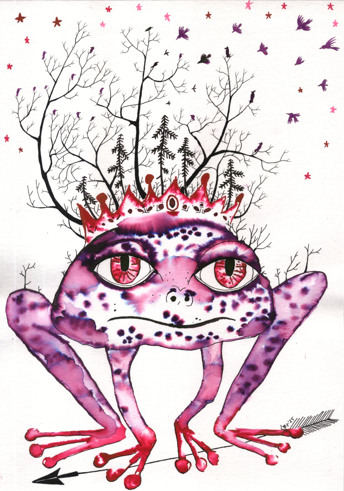 Картина "Царевна-лягушка", ручная работа, чернила с блеском, линер, бумага, 30х21 см