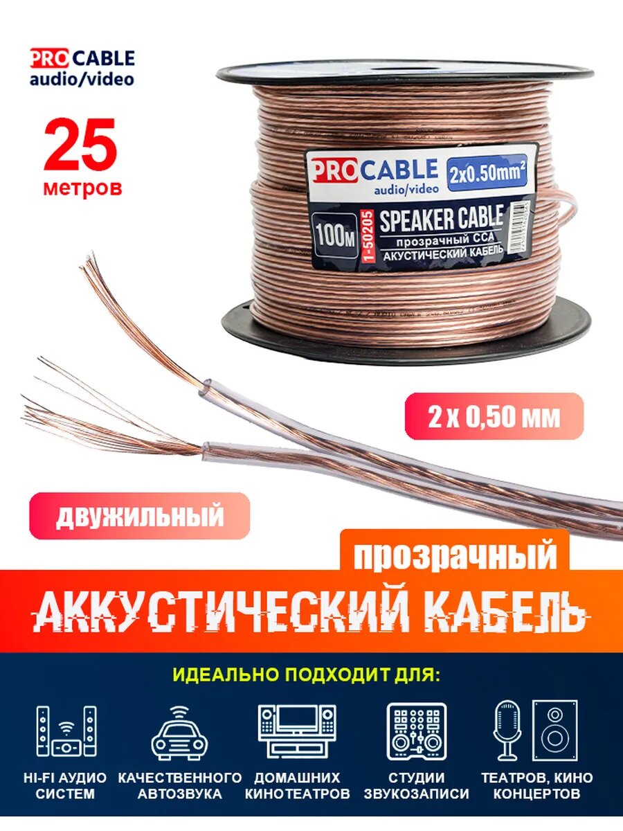 Акустический кабель 2 х 0,50 мм2 прозрачный (25 метров)