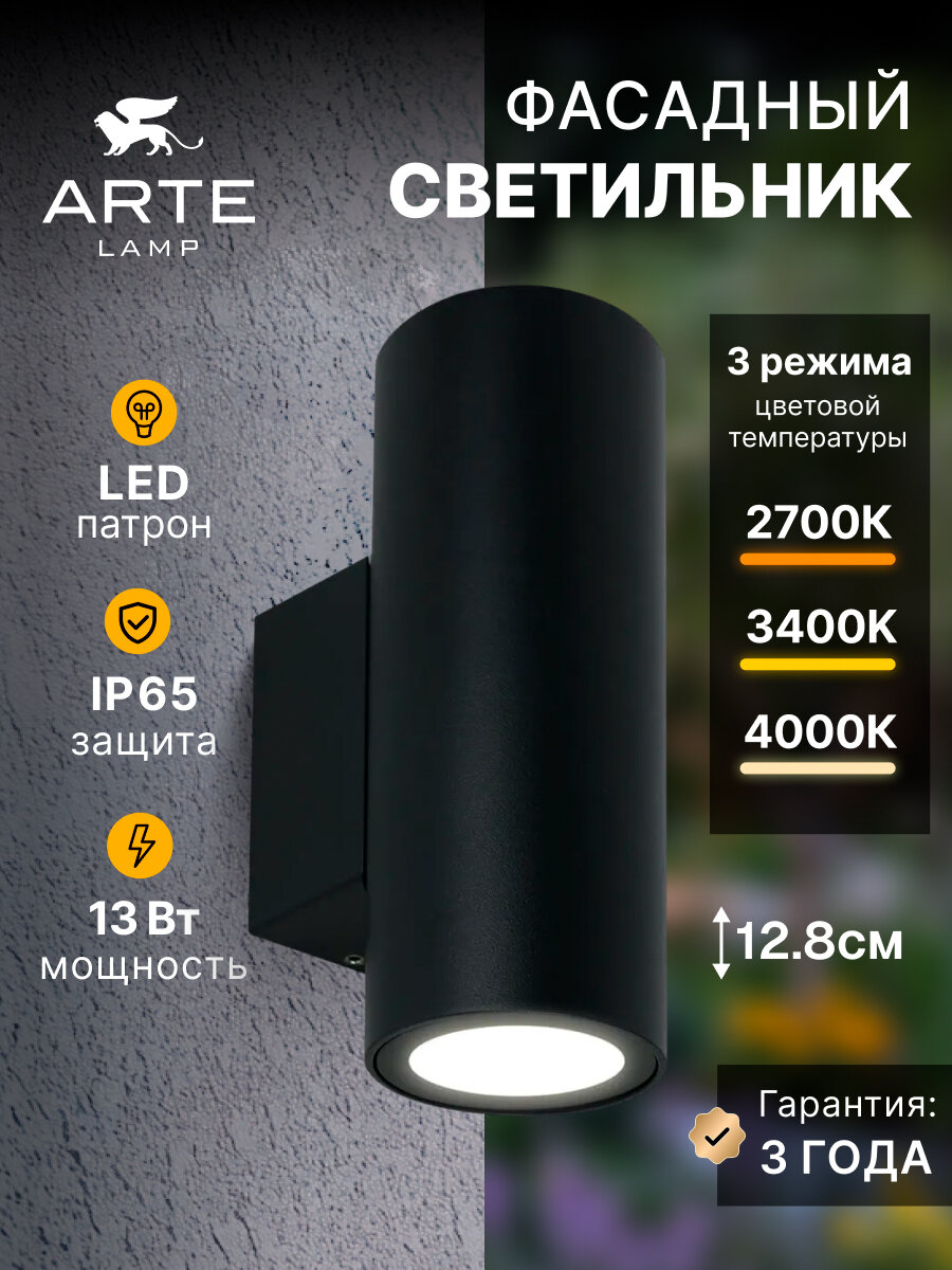 Фасадный светильник Arte Lamp TORCULAR A1307AL-2BK, LED, 7Вт, чёрный
