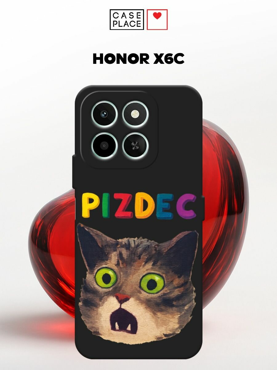 Черный матовый чехол на Honor X6c / Хонор Х6с с принтом Испуганный котик с надписью