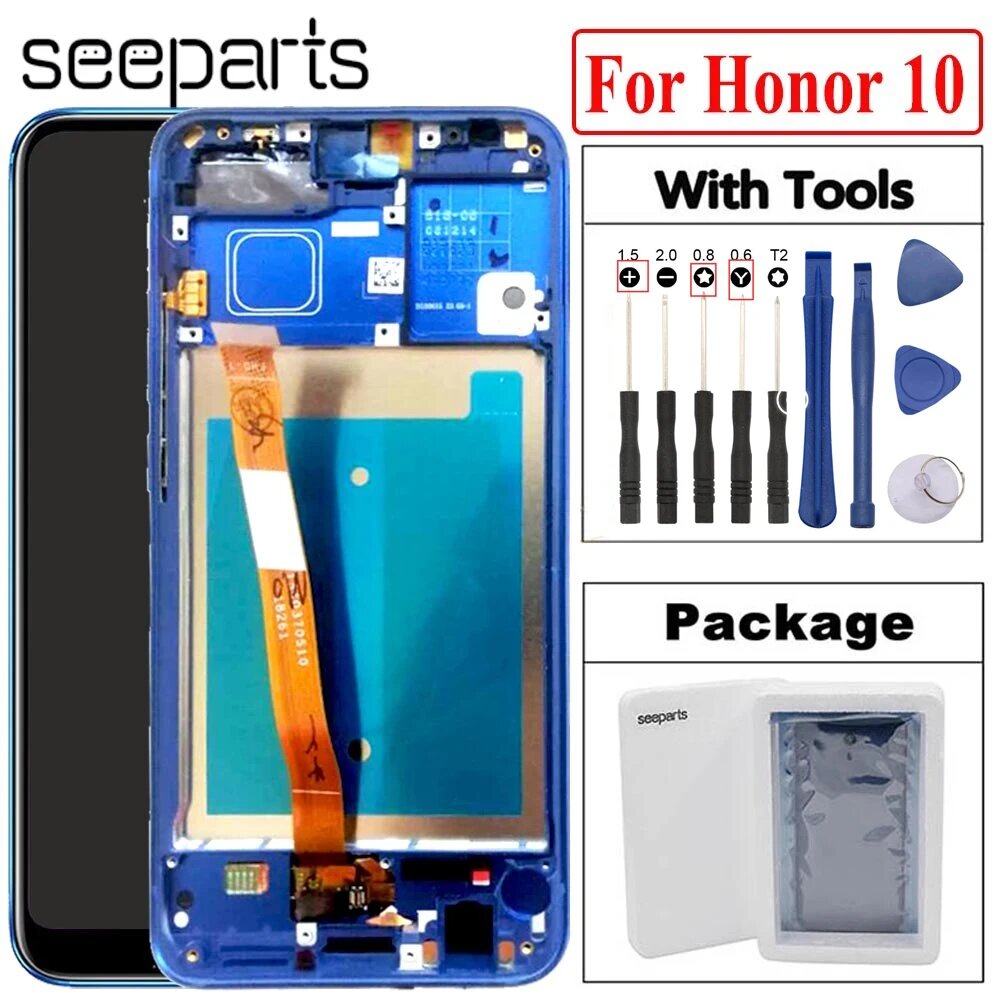 Протестировано хорошо для Huawei Honor 10, ЖК-дисплей, преобразователь сенсорного экрана в сборе с запасными частями для отпечатков пальцев, дисплей Honor 10, With Frame Gray