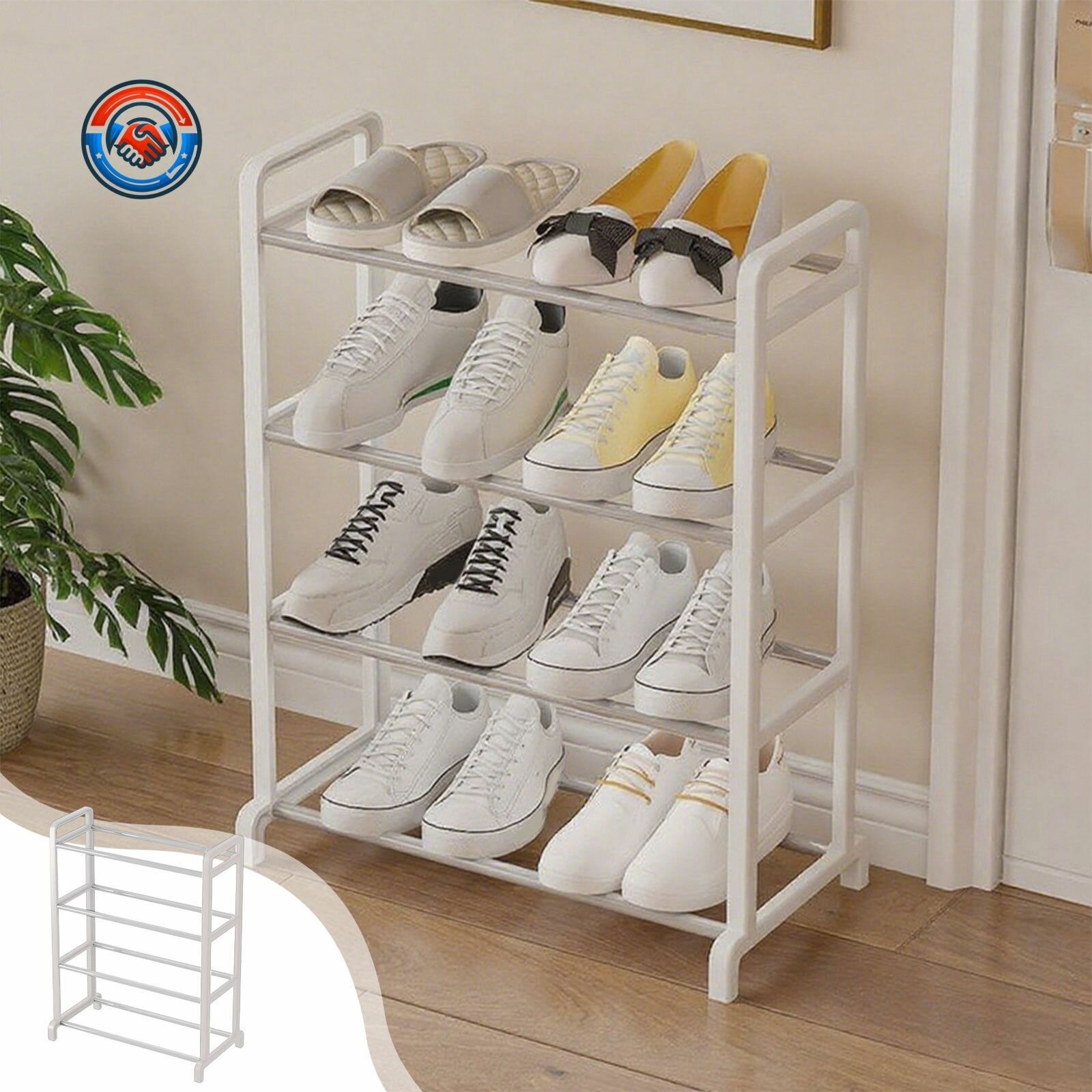 Четырехъярусная подставка для обуви, компактная напольная полка для прихожей, быстрая сборка без инструментов, вентилируемая решетка, хранение кроссовок и туфель
