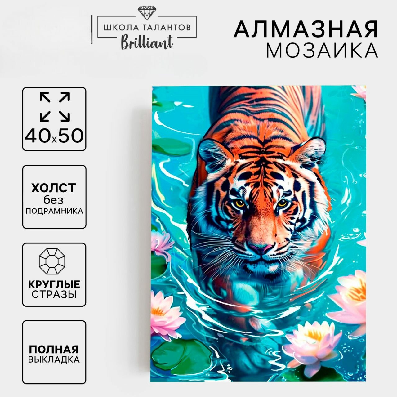 Алмазная мозаика 40х50 см "Тигр в воде" / картина алмазная стразами