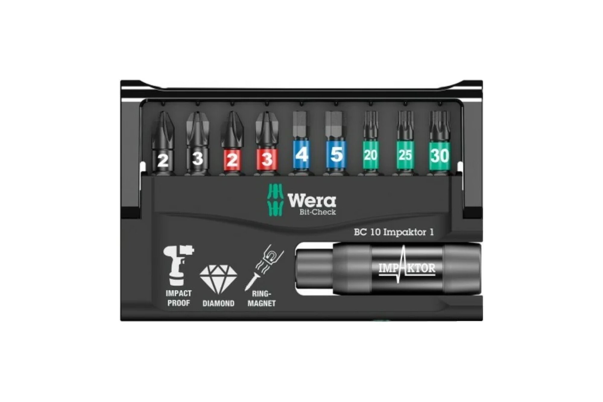 Набор бит ударных с битодержателем, алмаз, 10 пр, 1/4" C6.3 Bit-Check 10 Impaktor 1 WERA WE-057680