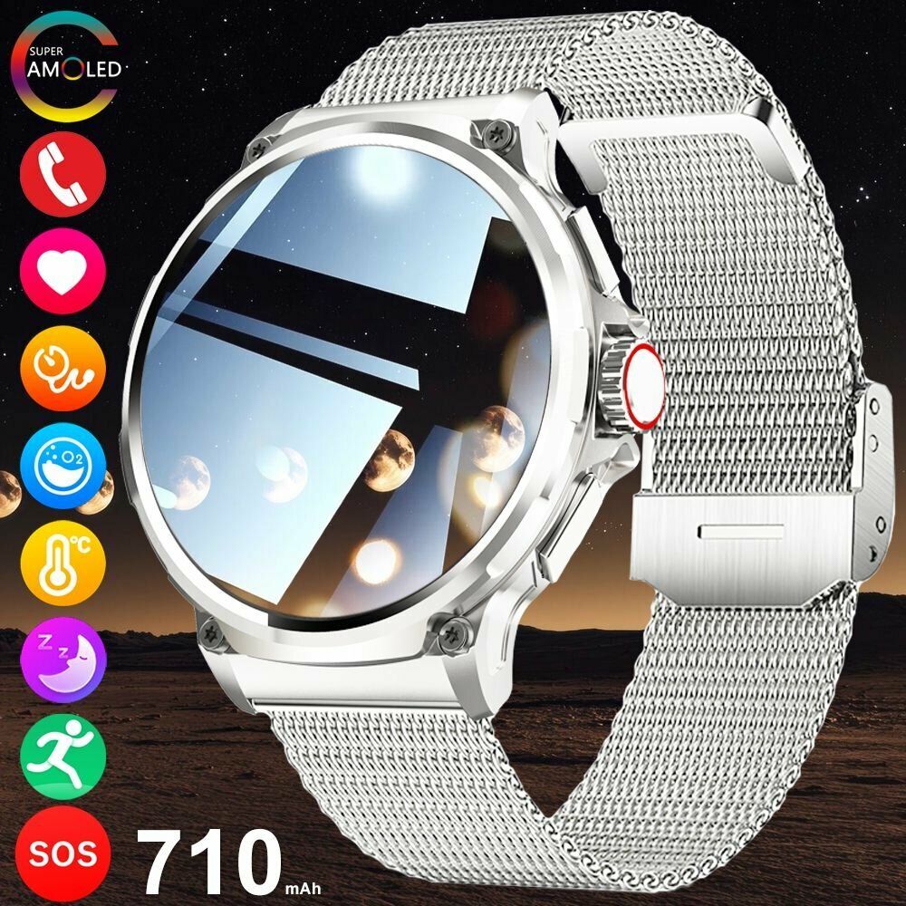 1,85 дюйма AMOLED HD экран мужские роскошные часы, 710mAh тяжелых Smartwatch Heart Rate Оксиметрия кровяного давления монитор сна шагомер, 2 ремешки