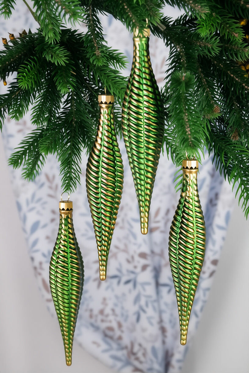 Набор ёлочных украшений сосульки - ондо ДИ гьяччо, пластик, зелёный антик, 15 см, 4 шт, Winter Deco 1000535