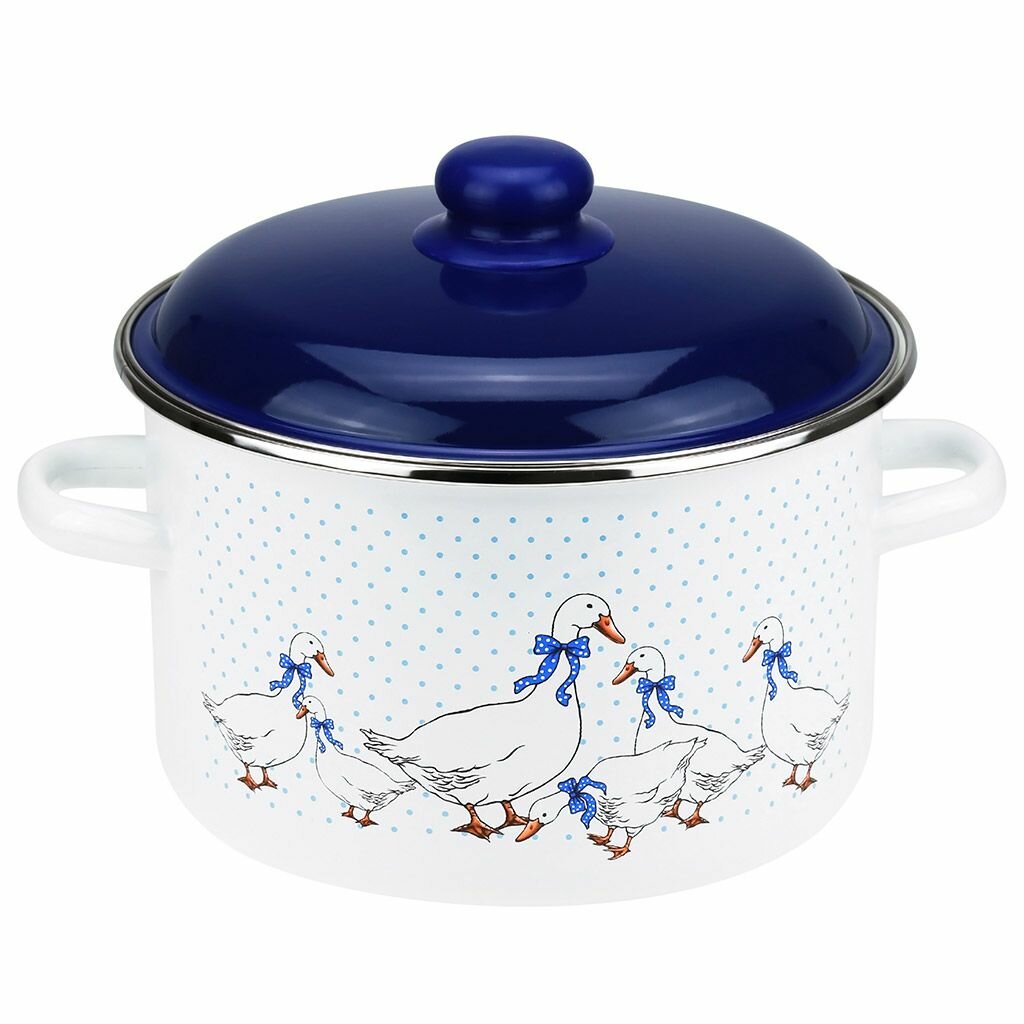 Кастрюля Лысьвенские эмали "Гуси", эмалированная, 5,5 л, цилиндрическая форма, металлическая крышка, белый (6RD221М)