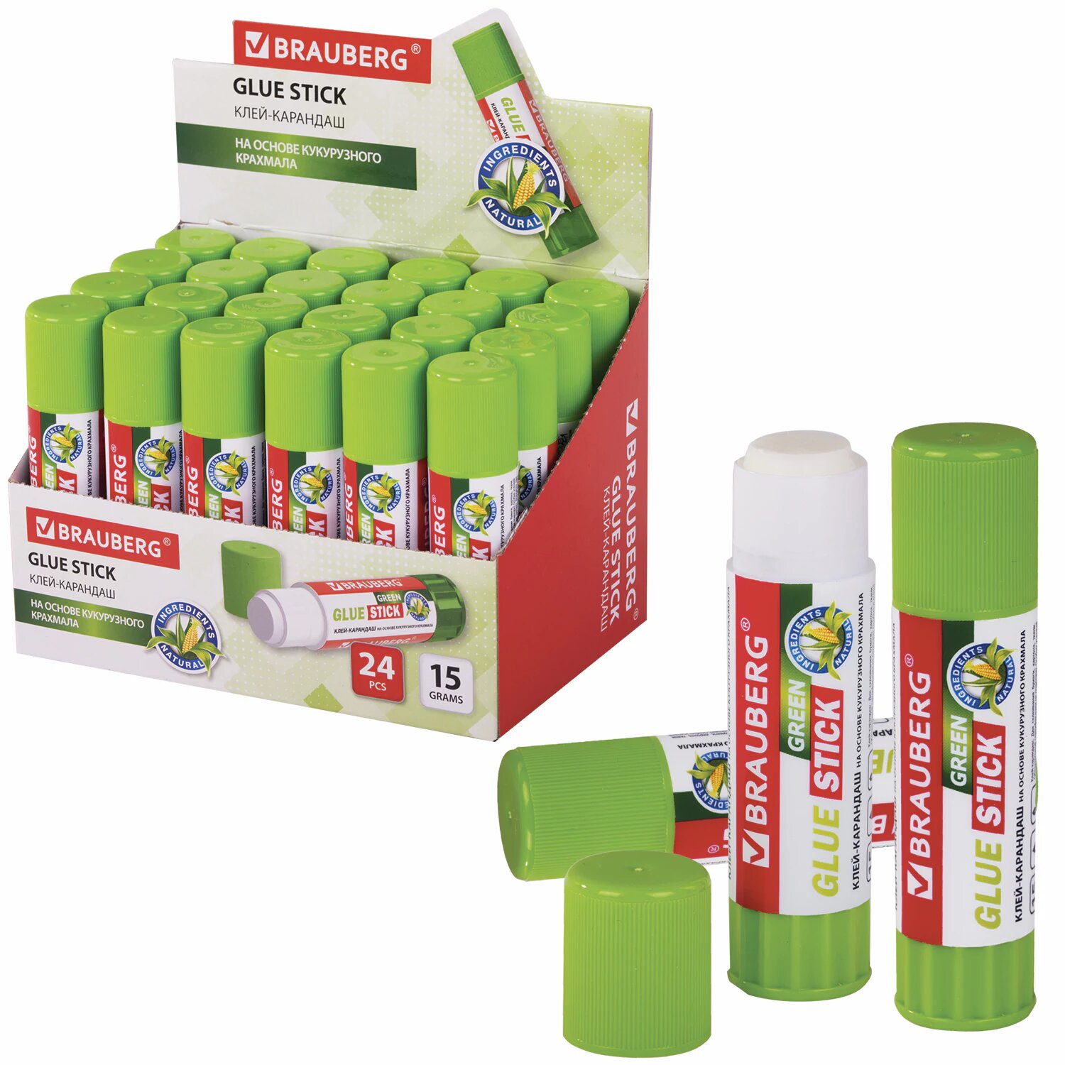 Клей-карандаш на натуральной основе BRAUBERG GREEN, 15 г, 270437, 3шт.