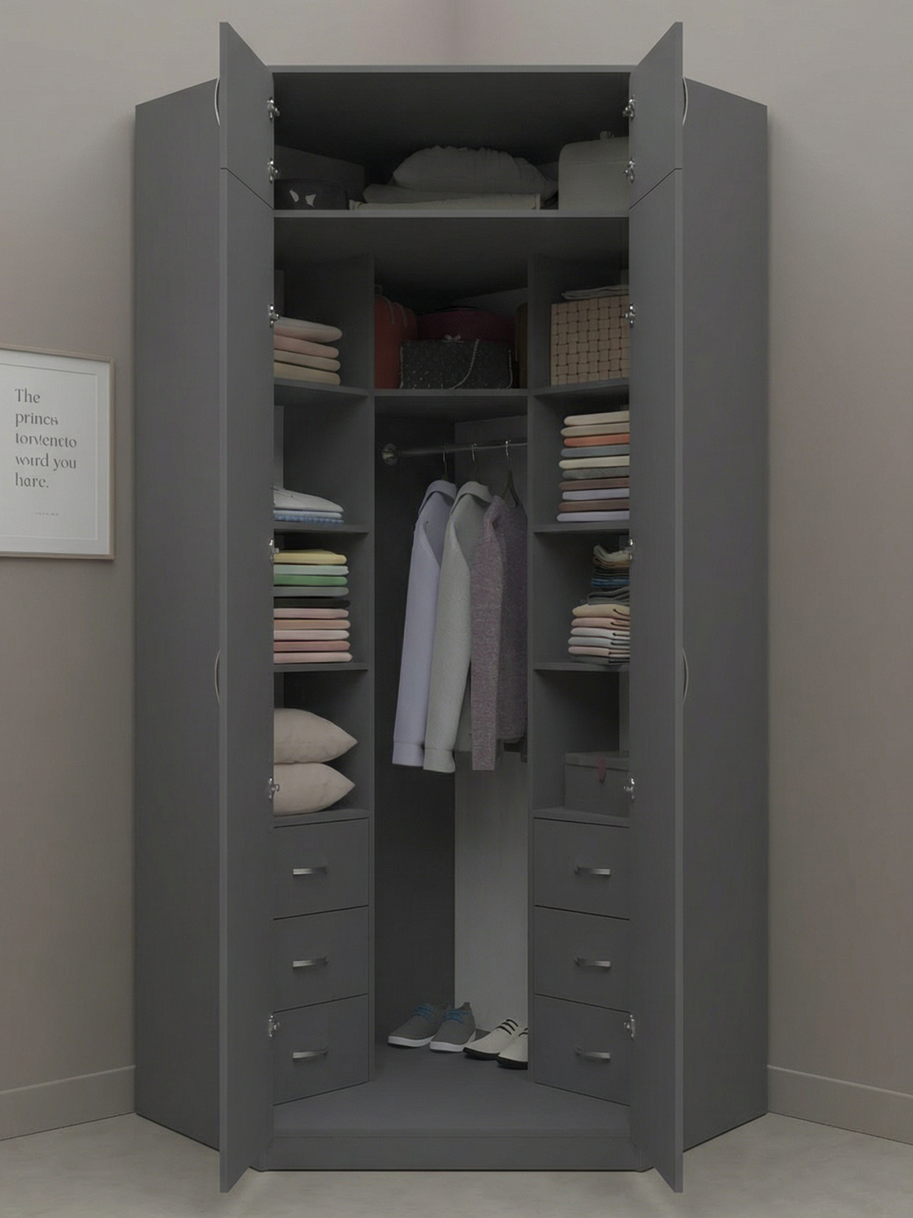 Шкаф угловой распашной Анри-13 с антресолью, 6 ящиками, 9 полками и штангой для вешалок, графит