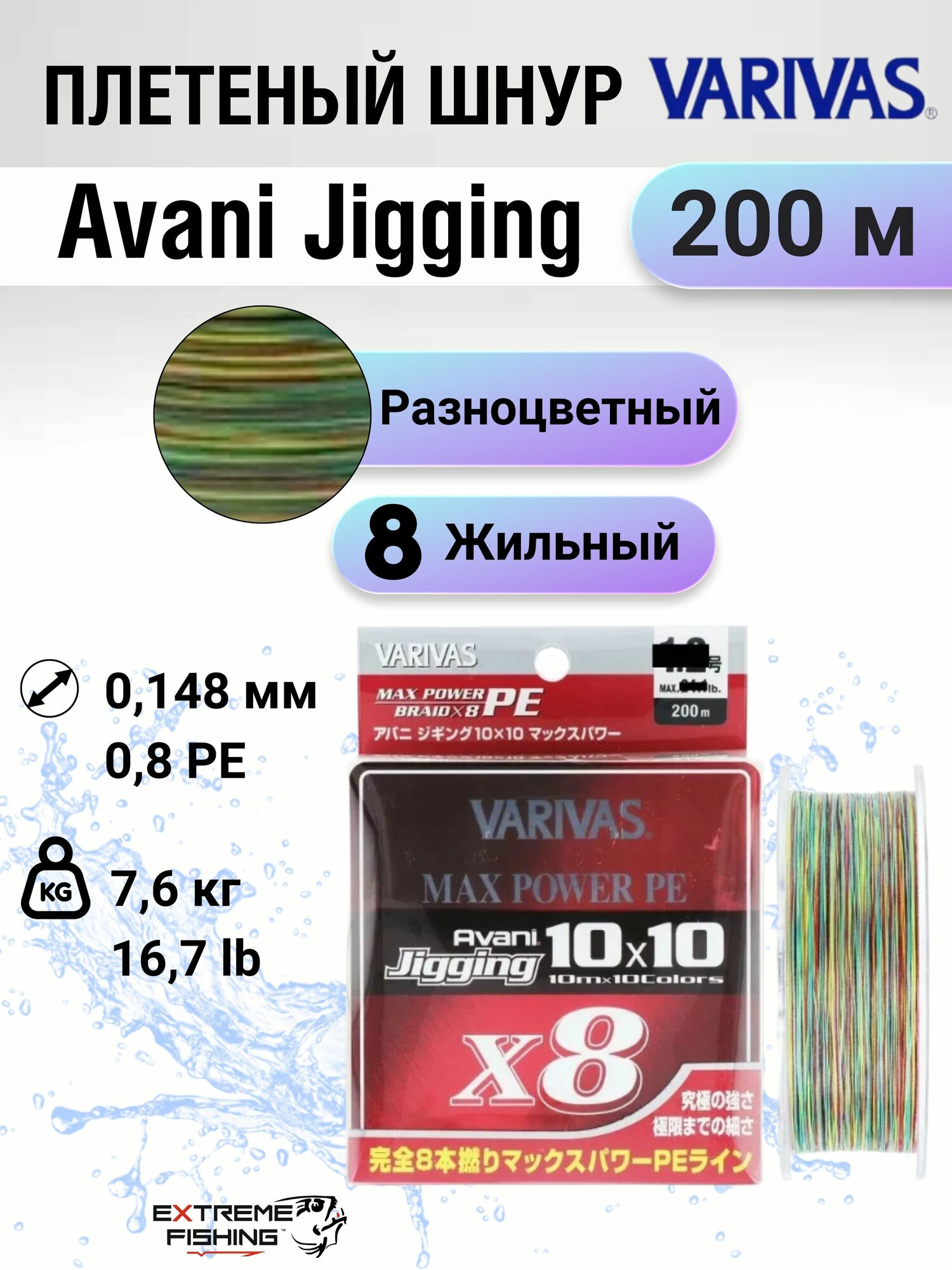 Шнур Varivas Avani Jigging 10x10 Max Power PE X8, 200м, #0.8, 16.7lb