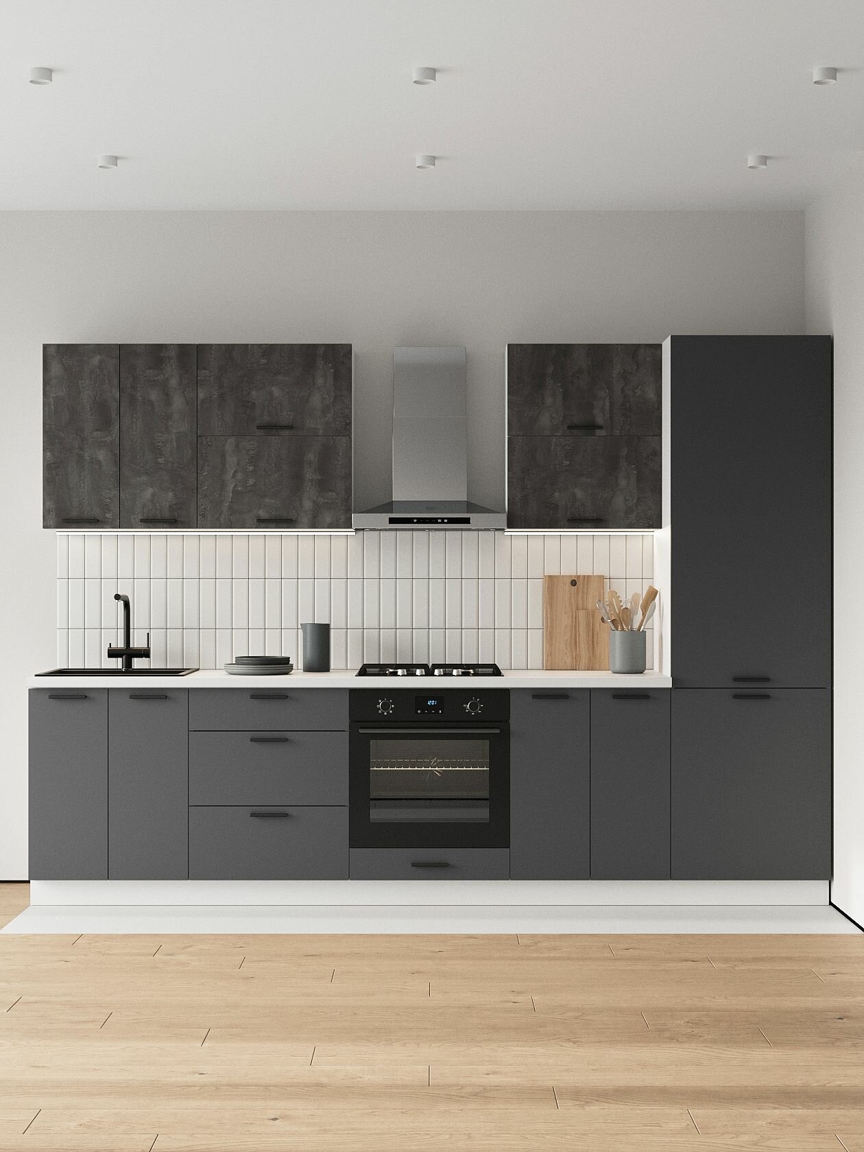 Кухонный гарнитур Урбан 3 м, мебель для дома и кухни, Белый / Камень темный / Графит серый