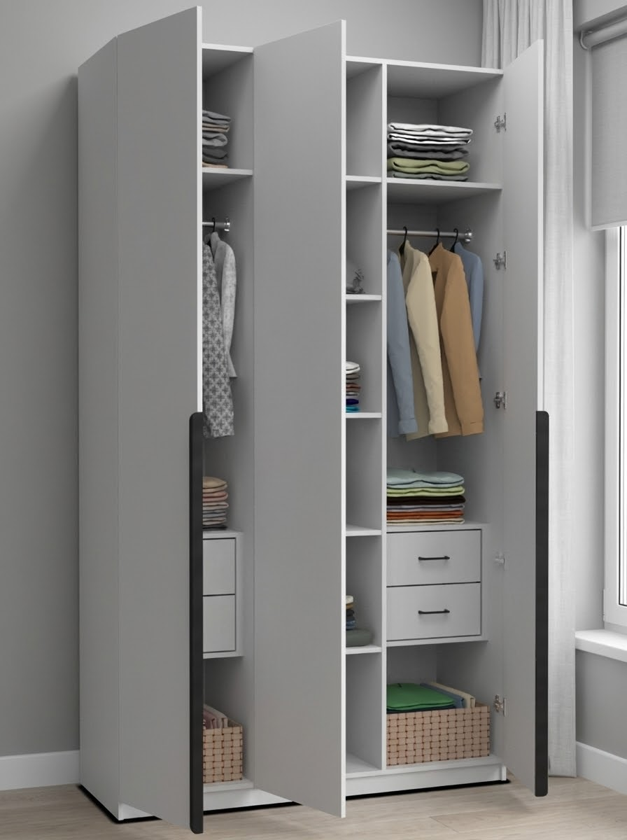 Шкаф трехстворчатый распашной Стич-31 с 4 ящиками, штангами для вешалок и полками, ШхГхВ: 135х50х240 см, белый