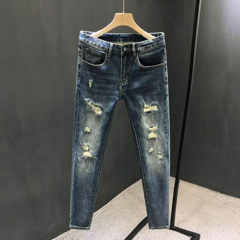 Тренд RONG CH Мужские Джинсы Все Сезоны Однотонные Слим Кроп Молодежная Кэжуал Деним, Размер_XXL