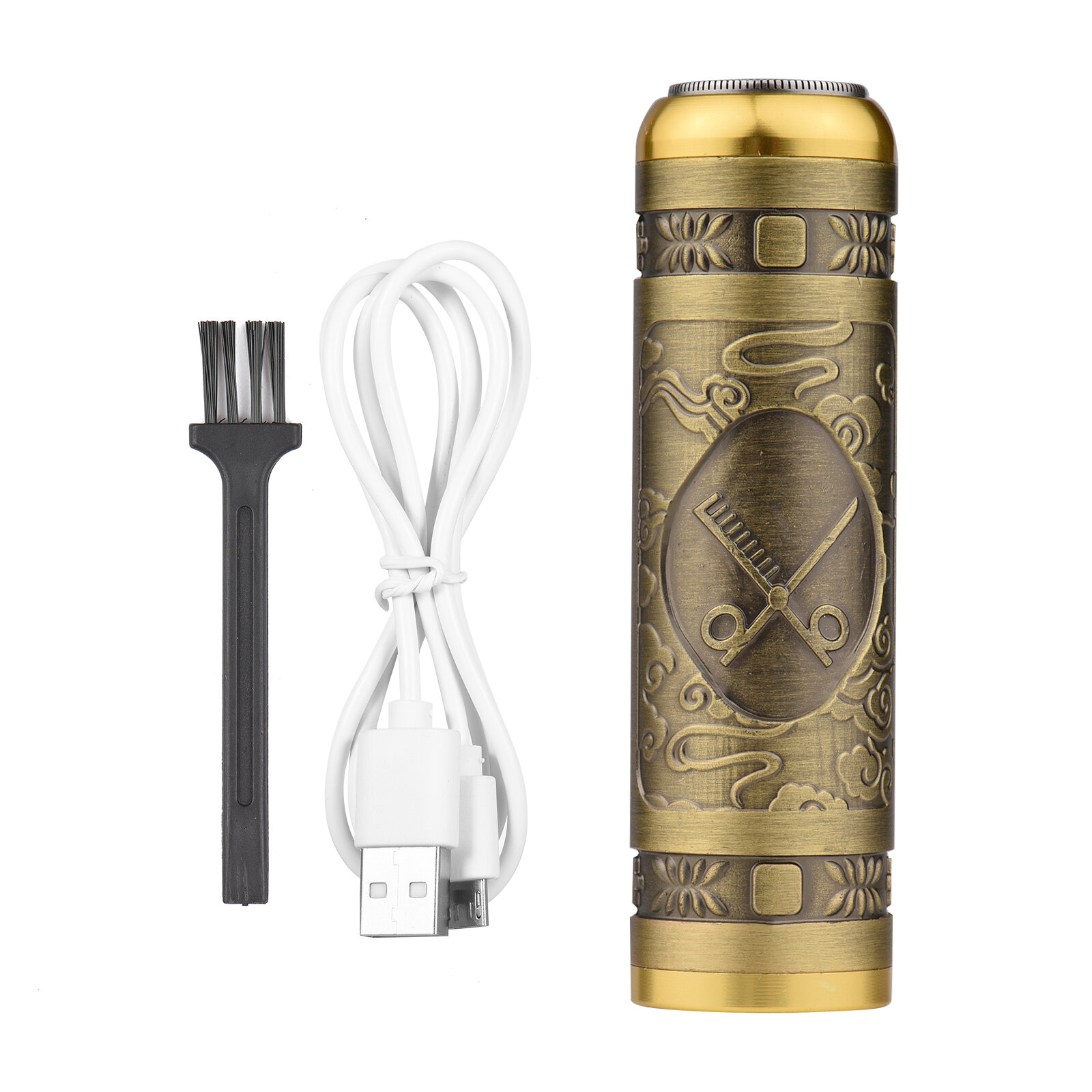 Электрический бритва бесконтактная бритва триммер для бороды USB заряжаемая машина для бритья для мужчин, цвет золото, мощность 3Вт, напряжение 3.7В-4.2В, емкость батареи 500mAh, время зарядки 2-3 часа, время работы 90 минут, размер φ2.1*9.3см, вес