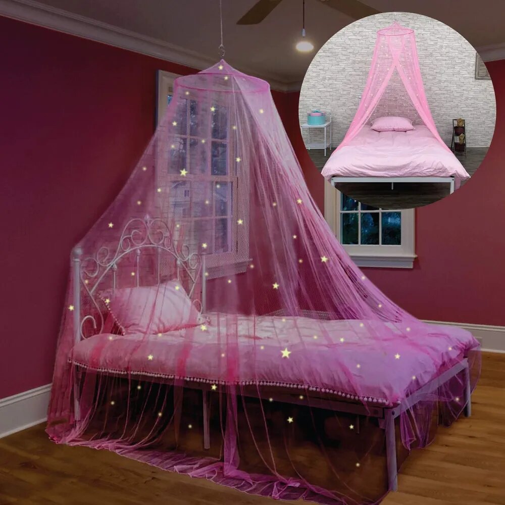 SENDEYUAN Балдахин розовый с подсветкой из звезд, тюль, 60x250x1250 см
