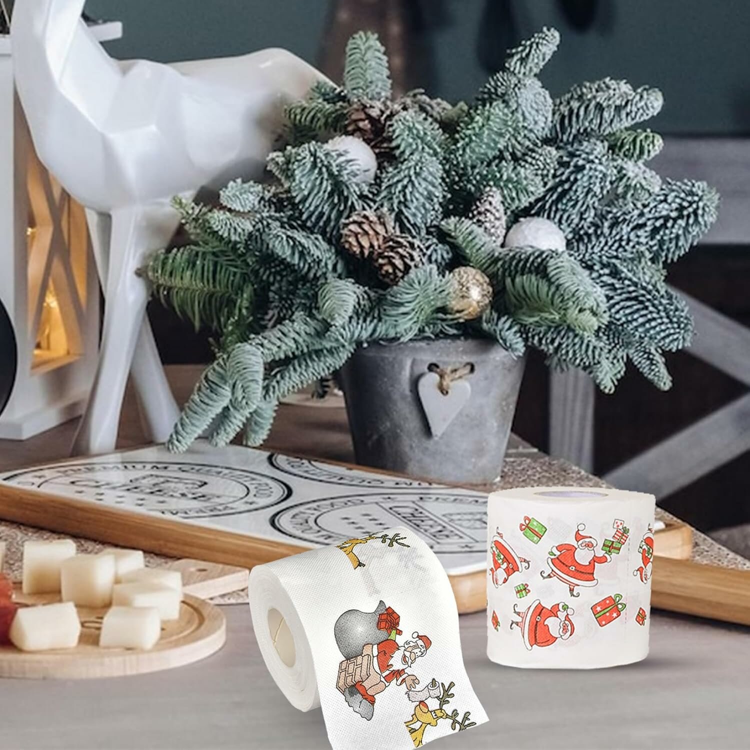 Туалетная бумага с печатью на рождественскую тему с рисунком Санта-Клауса для праздничной отделки ванной комнаты, цвет, 2 штуки, рождественские товары, бумажные изделия, праздничная отделка, ванная комната, Санта-Клаус, рождество, дизайн, практическое