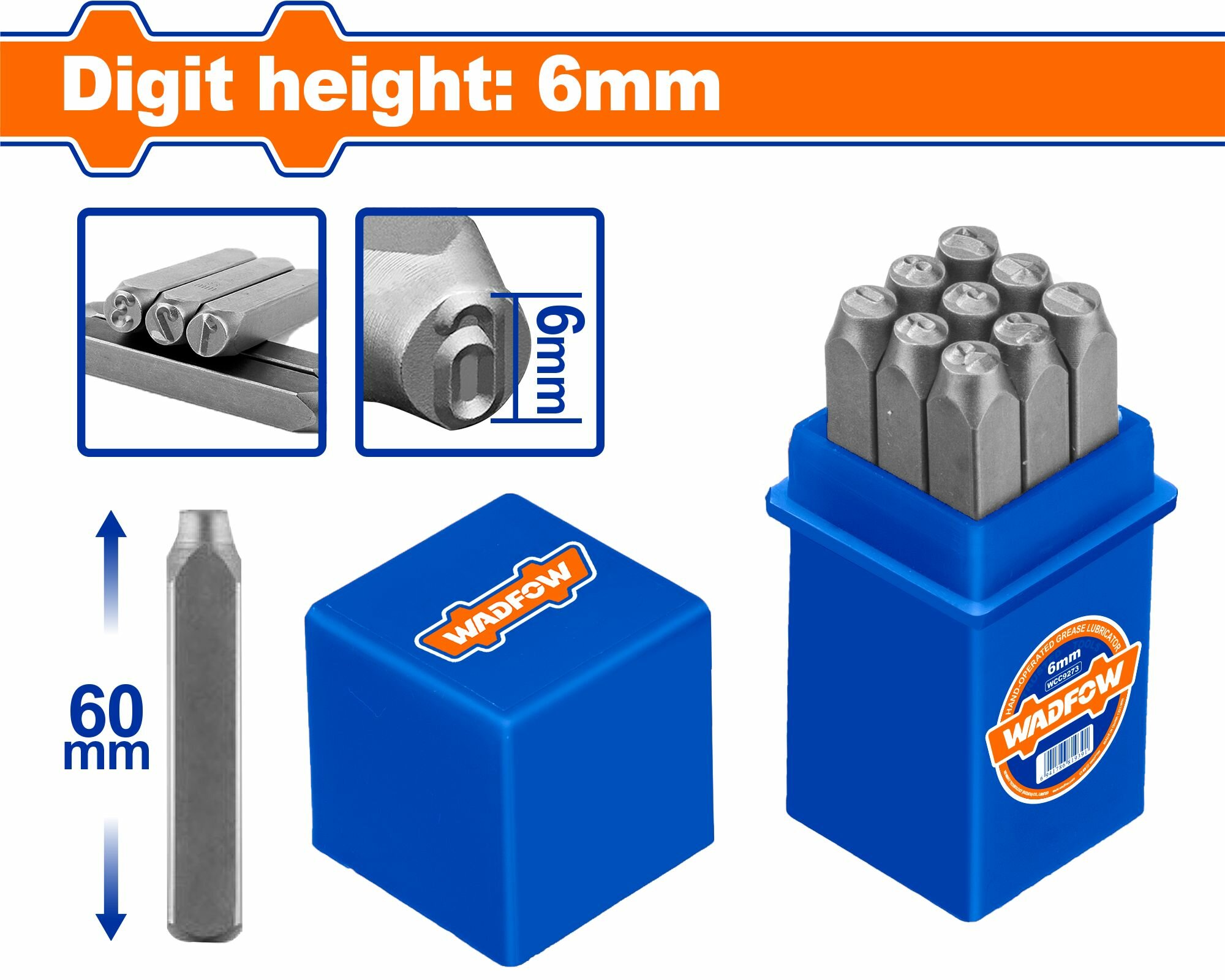 Набор штампов(клейм) "WADFOW" ударных "Цифры" 6 мм 9 штук, углеродистая сталь