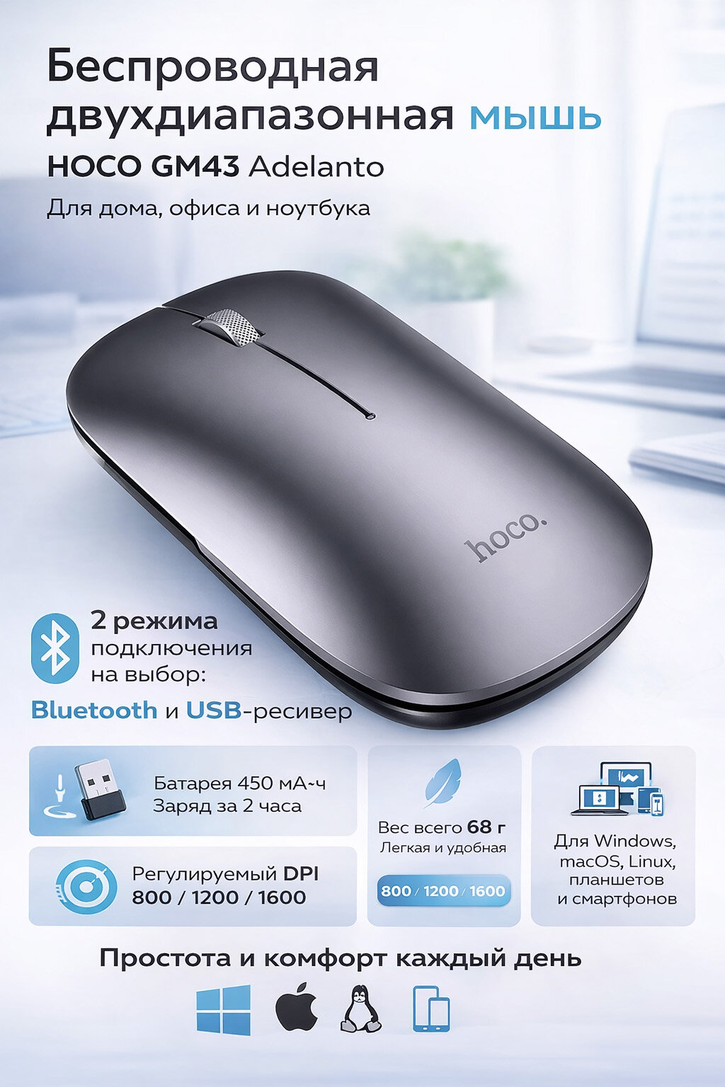 Hoco Мышь беспроводная двухдиапазонная HOCO GM43 Adelanto серая