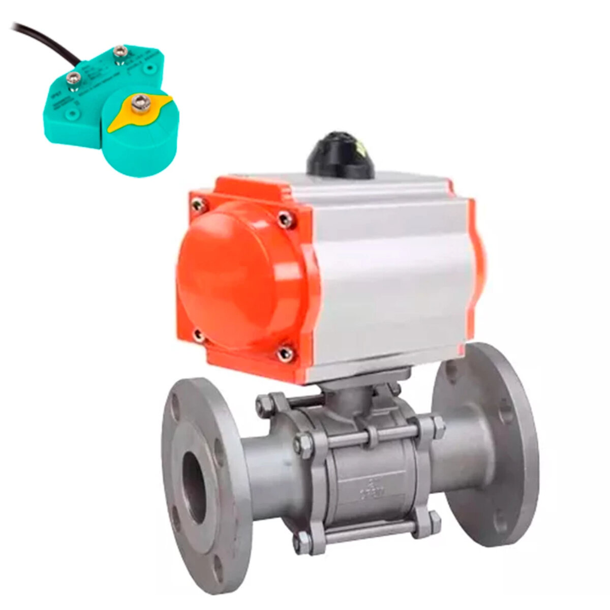 Кран шаровой DN.ru кшфпт 316.180 Ду65 Ру25 фланцевый, полнопроходной, трехсоставной, корпус - нержавеющая сталь 316, уплотнение - PTFE, с пневмоприводом DA-083 и магнитным переключателем МППП-200