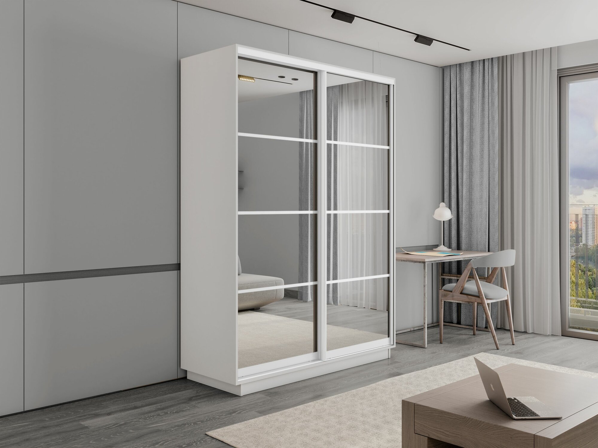 Шкаф-купе Вилли С4 2-х дверный, зеркальные двери, (белый профиль) 140х45х240 см. Белый снег